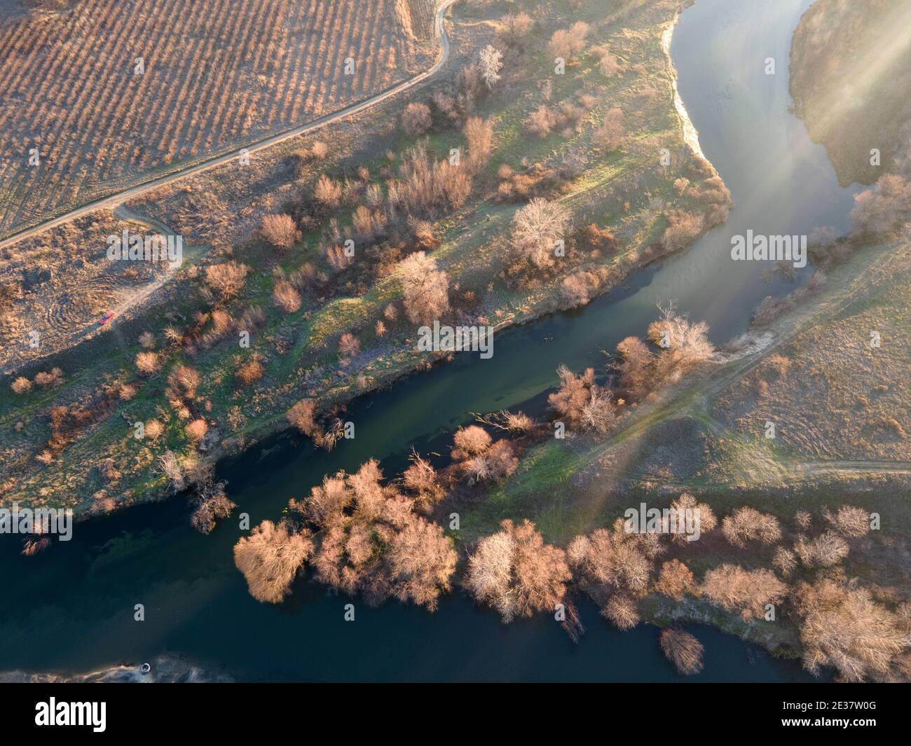 Aerial view of Vacha River, pouring into the Maritsa River near city of ...