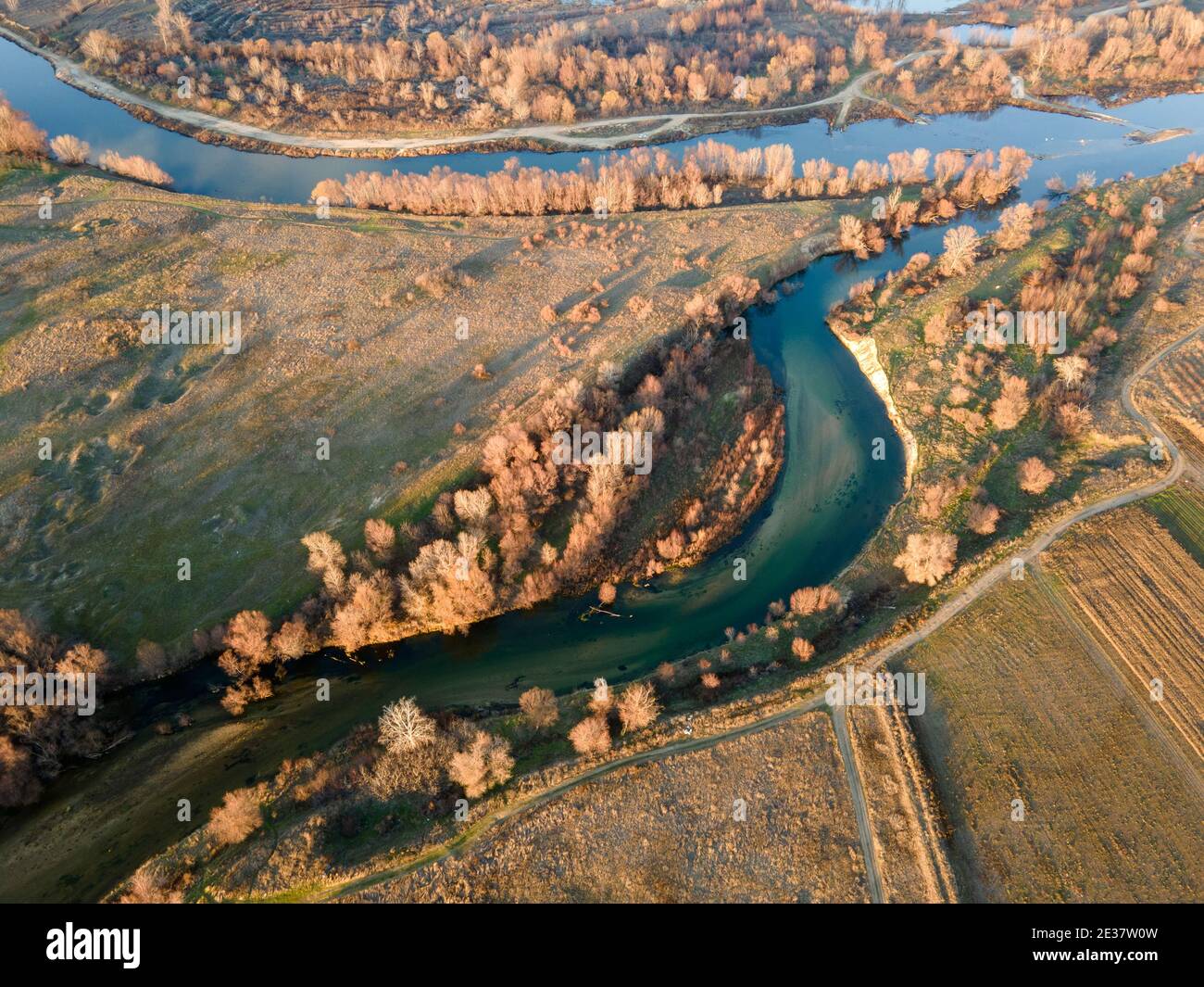 Aerial view of Vacha River, pouring into the Maritsa River near city of ...