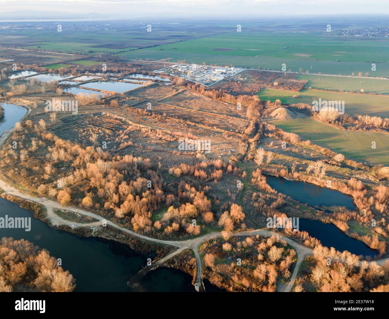 Aerial view of Vacha River, pouring into the Maritsa River near city of ...