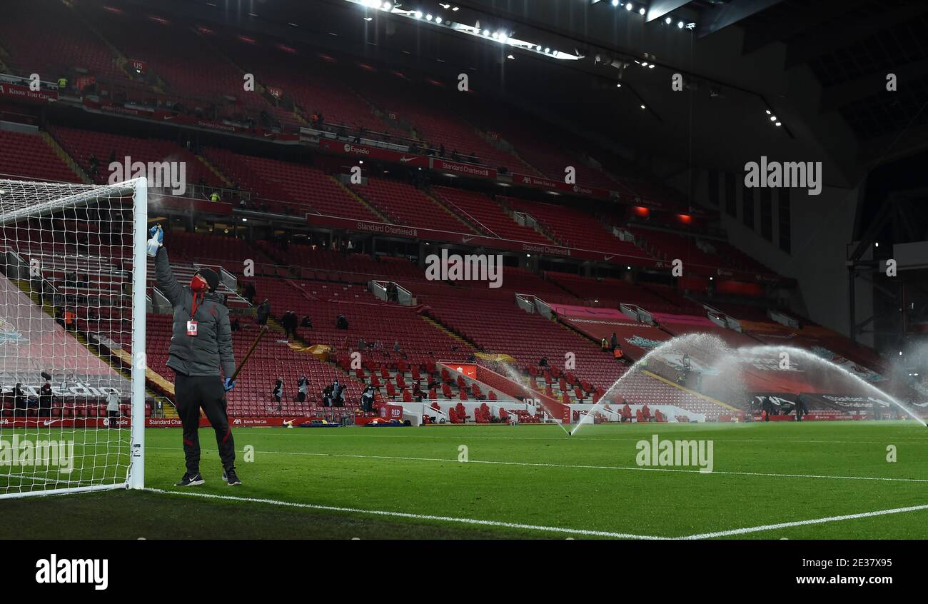 The goal posts are disinfected before the Premier League match at ...