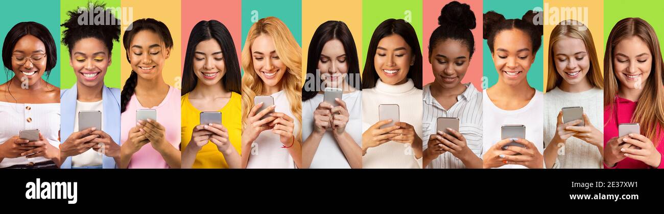 Diverse Women Using Mobile Phones Texting On Colorful Backgrounds ...