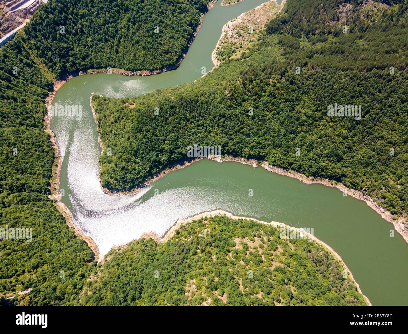 Aerial summer view of Tsankov kamak Reservoir, Smolyan Region, Bulgaria ...
