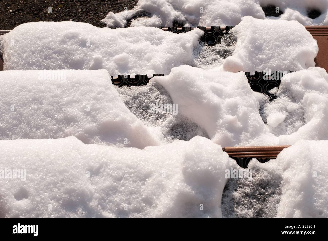 top view to footprints in a thick snow layer on the steps of an outdoor ...