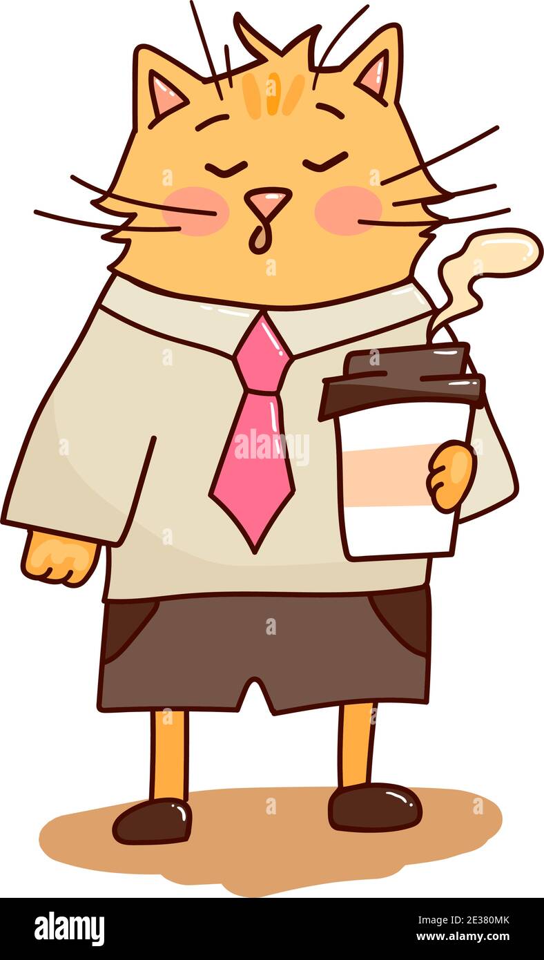 Cute cartoon hand drawn cat with cup of coffee. Adorable vector clip ...