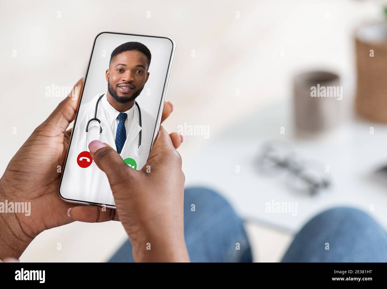 Remote Medical Care. Black Lady Using Smartphone, Making Video Call ...