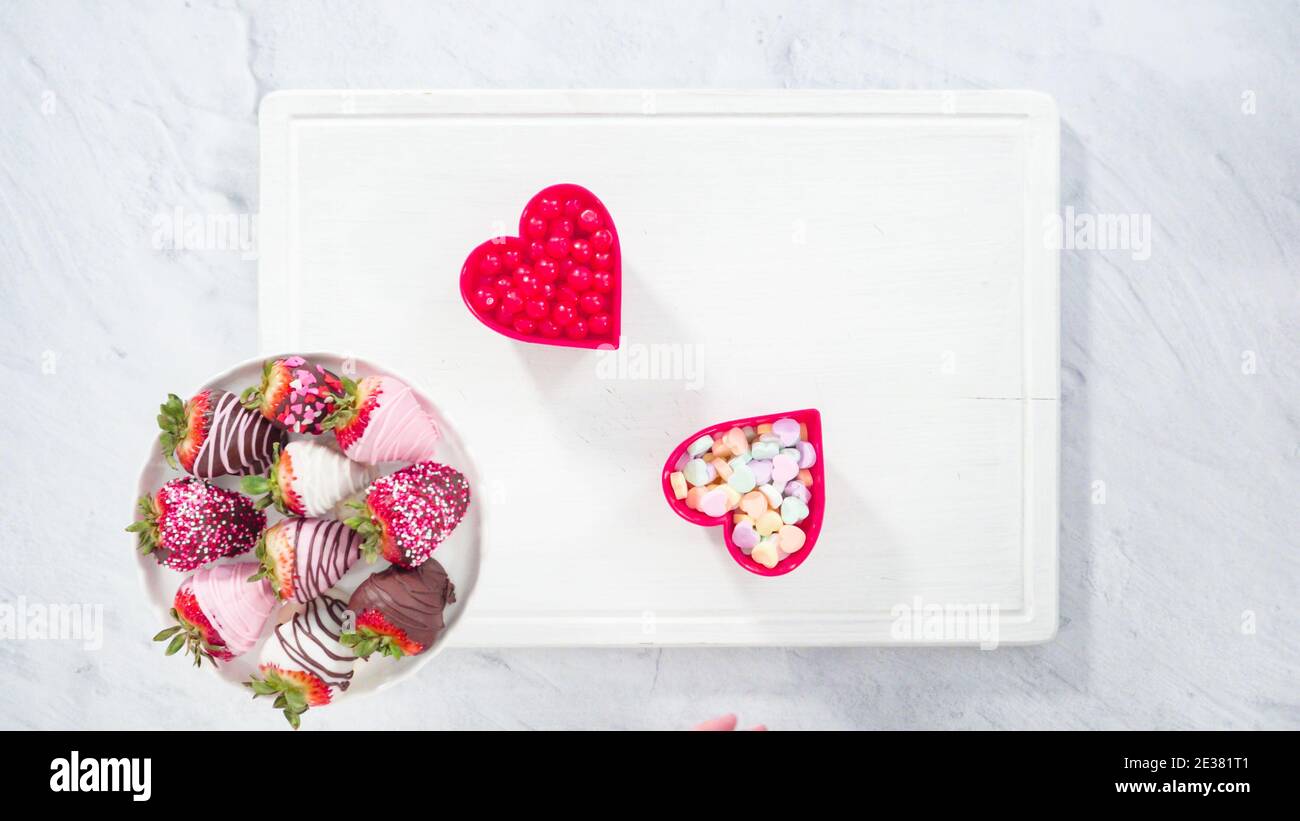 Flat lay. Step by step. Cheese board with candies and cookies for ...