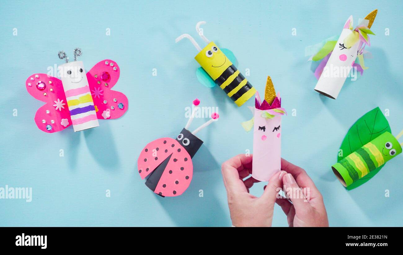 Flat lay. Papercraft project. Colorful bugs made out of empty toilet ...