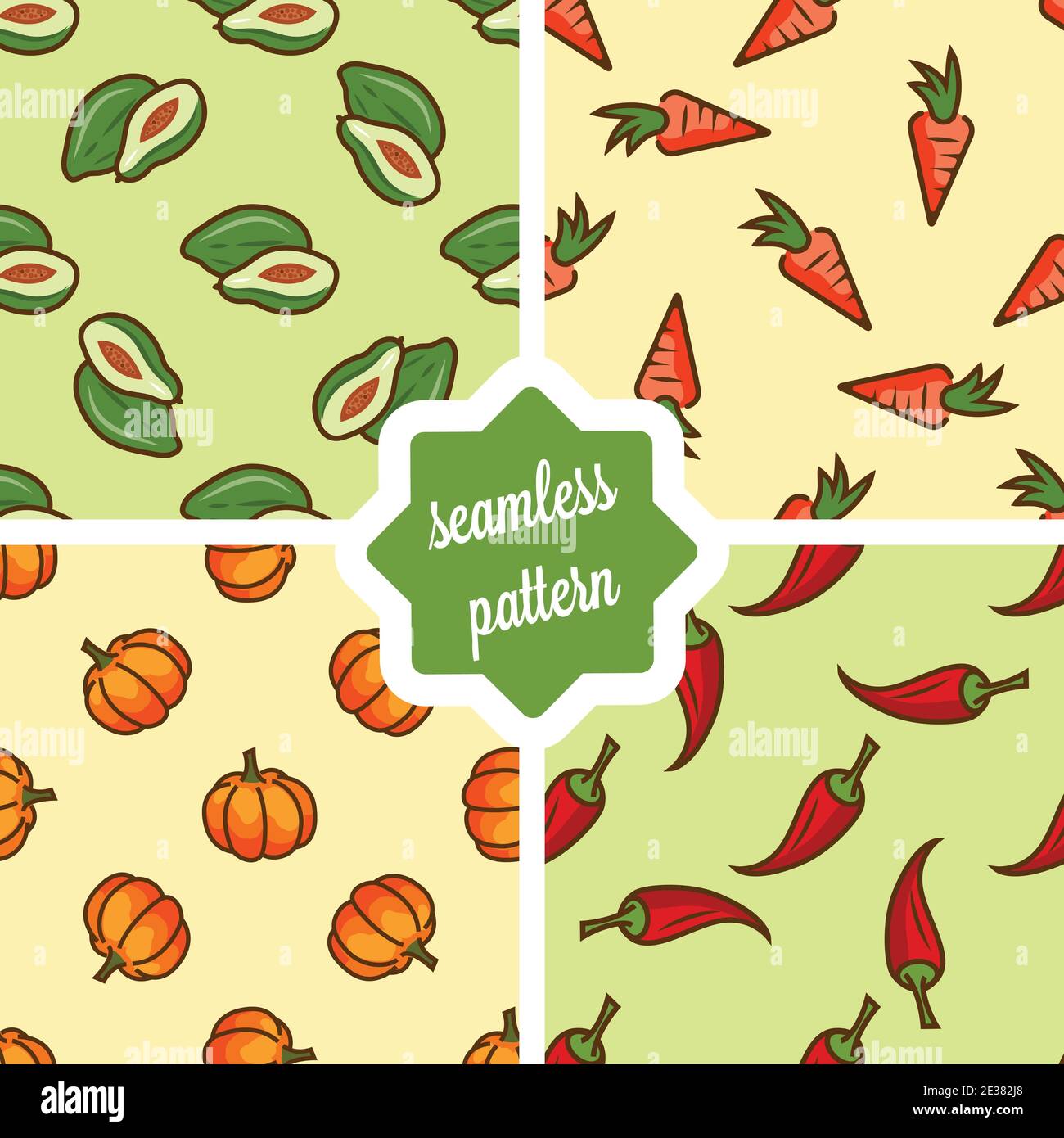 Seamless vegetables backgrounds set- vector patterns with avocado, carrot, pumpkin, pepper ...