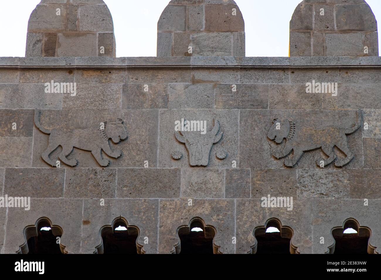 emblems of old city of Baku. Lion figures on Baku fortress Stock Photo ...