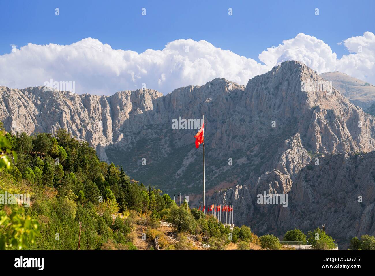Euphrates valley around Kemaliye city with Turkish flag waving ...