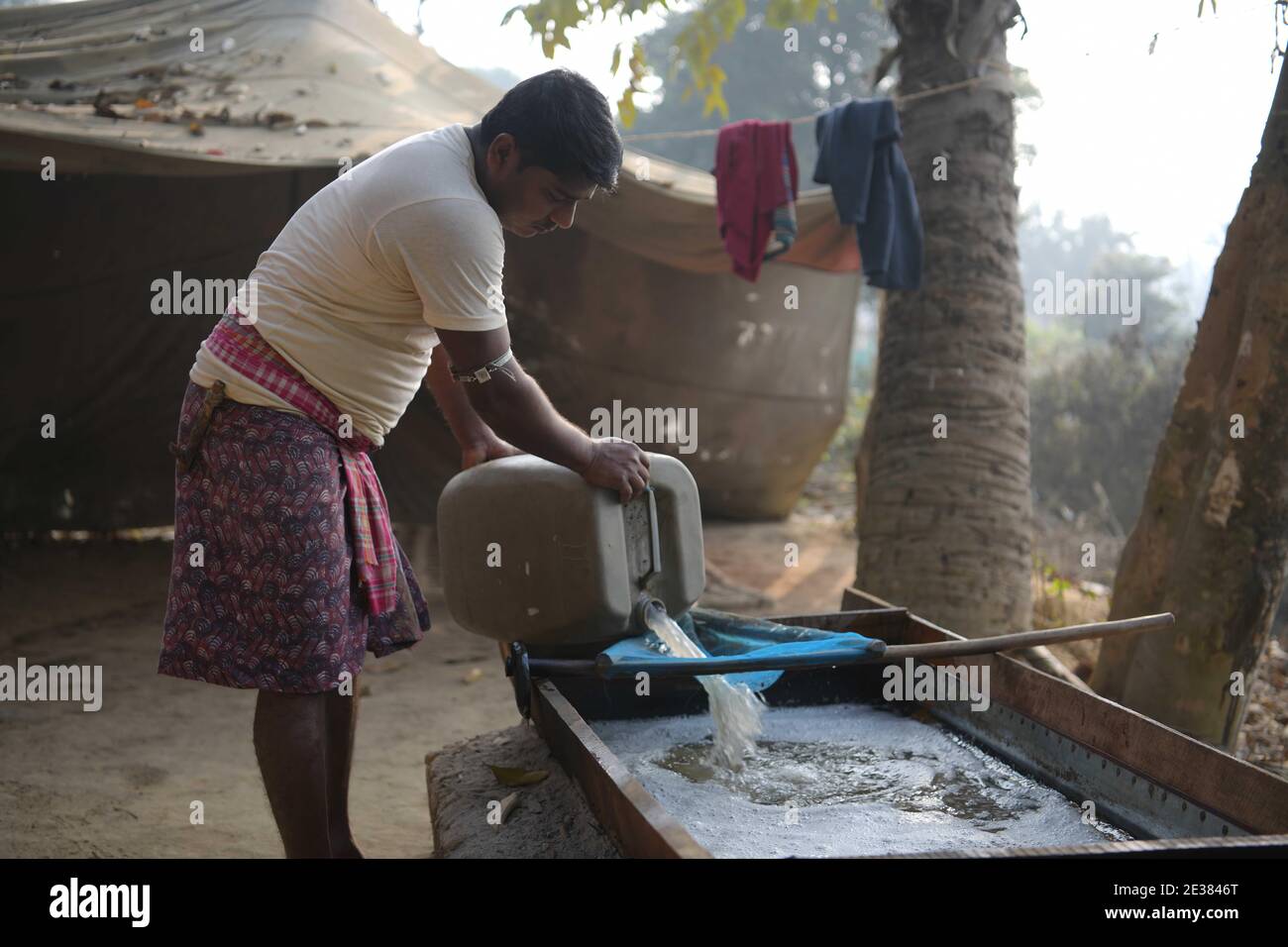 Family members of palm sap collectors are making jaggery from palm sap ...