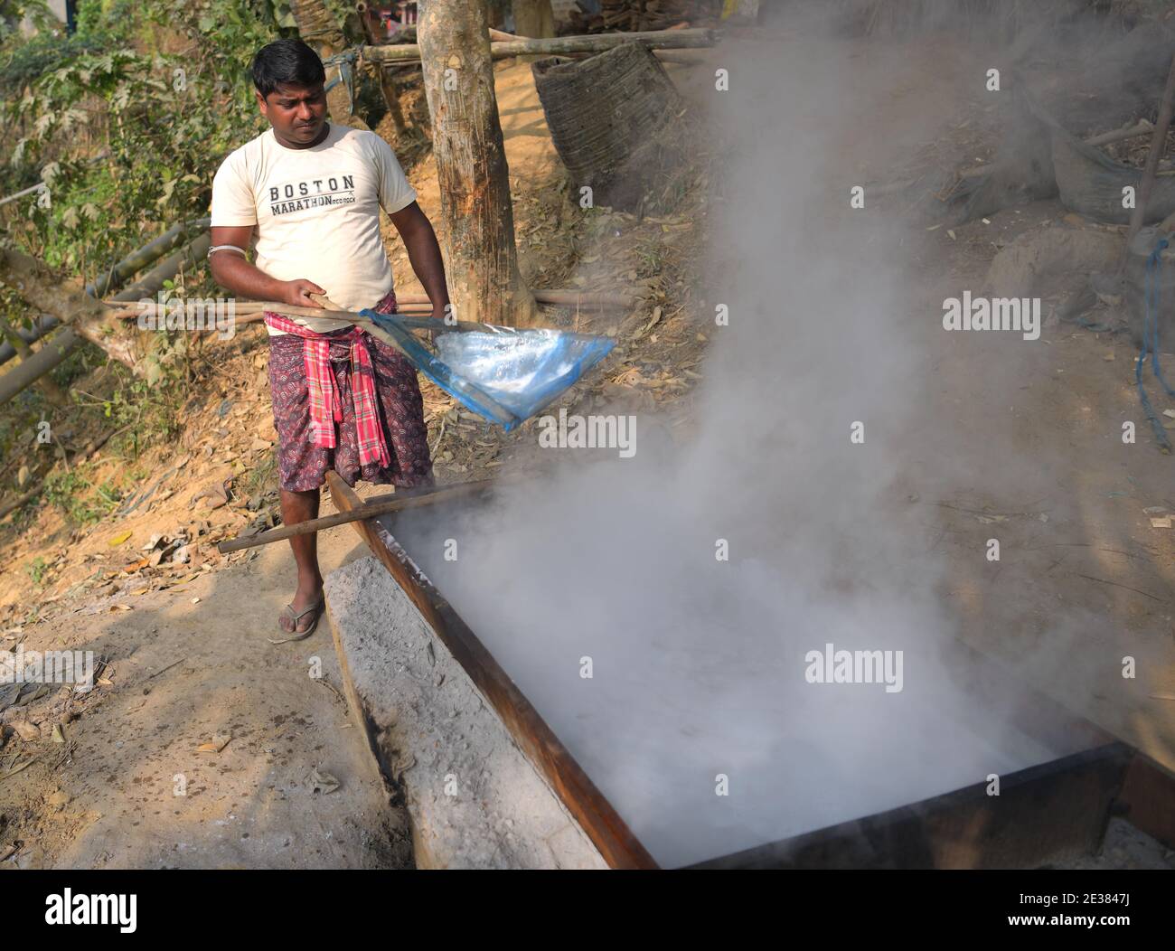 Family members of palm sap collectors are making jaggery from palm sap ...