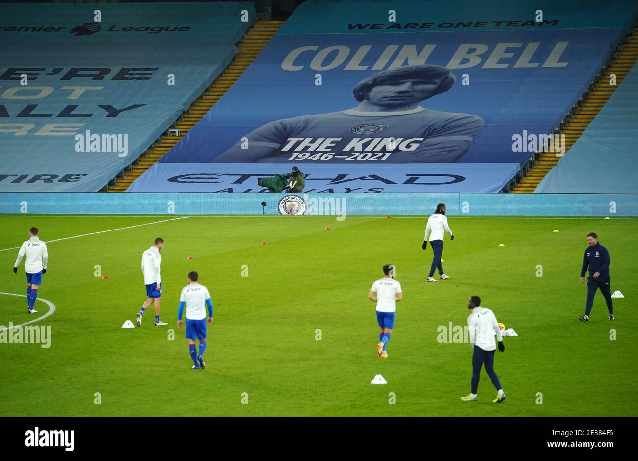 A tribute to the late Colin Bell decorates the stands as players warm ...