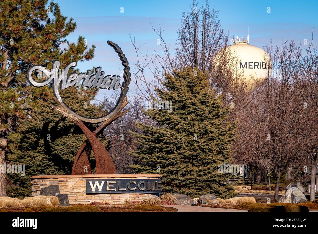 Outdoor sign and water tower in Meridian Idaho Stock Photo - Alamy