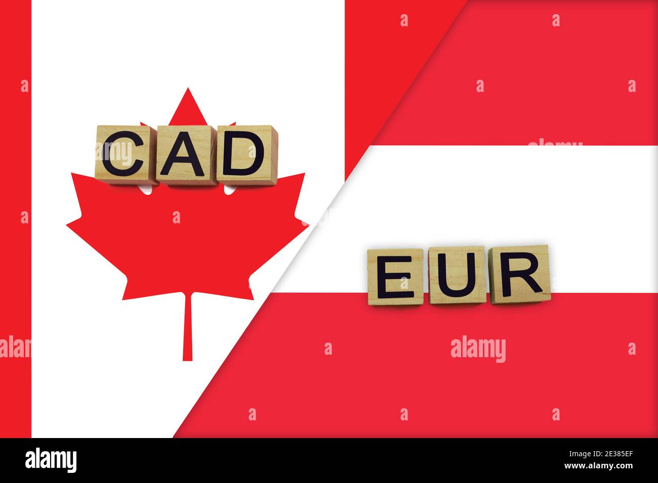 Canada and Austria currencies codes on national flags background ...