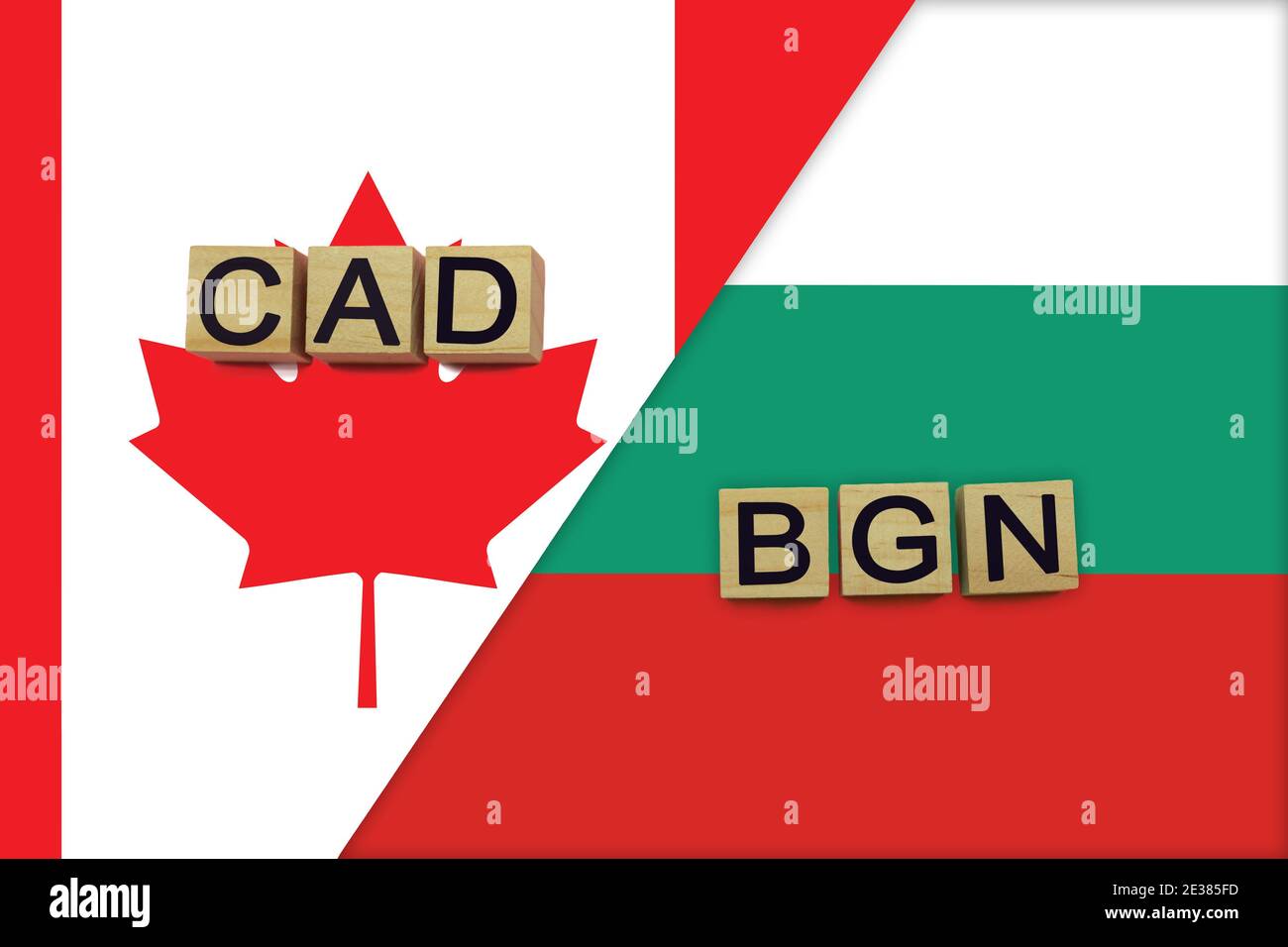 Canada and Bulgaria currencies codes on national flags background ...