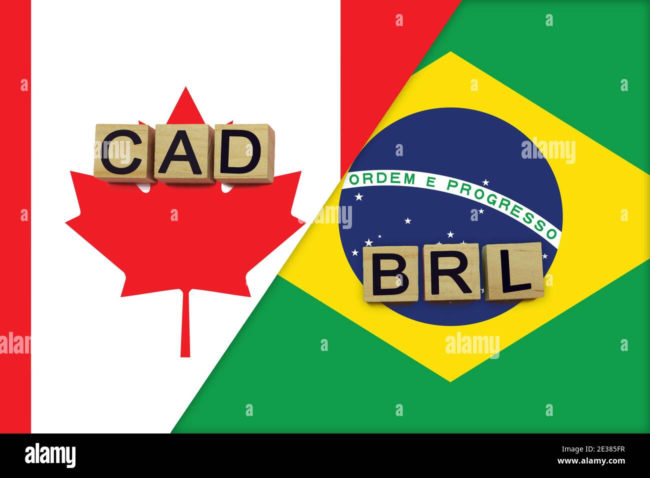 Canada and Brazil currencies codes on national flags background ...