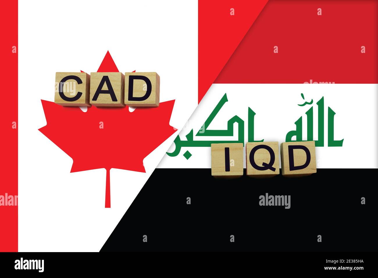 Canada and Iraq currencies codes on national flags background ...