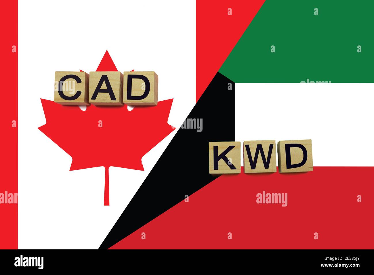 Canada and Kuwait currencies codes on national flags background ...
