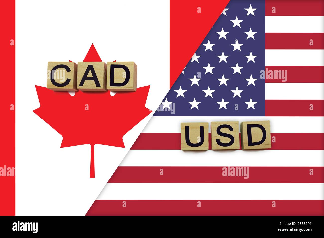 Canada and USA currencies codes on national flags background ...