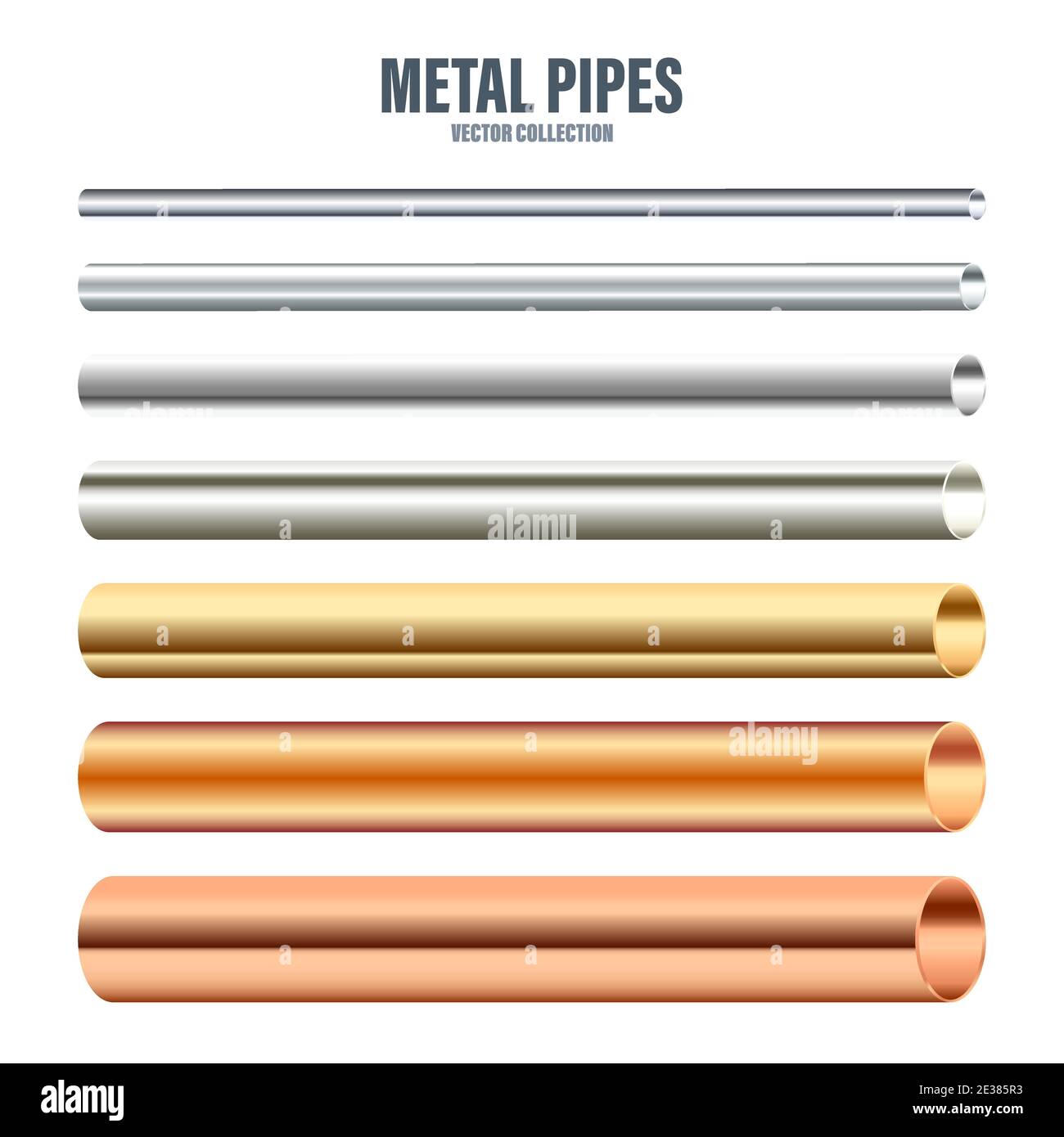 Steel and copper pipes collection. Construction material. Polished ...