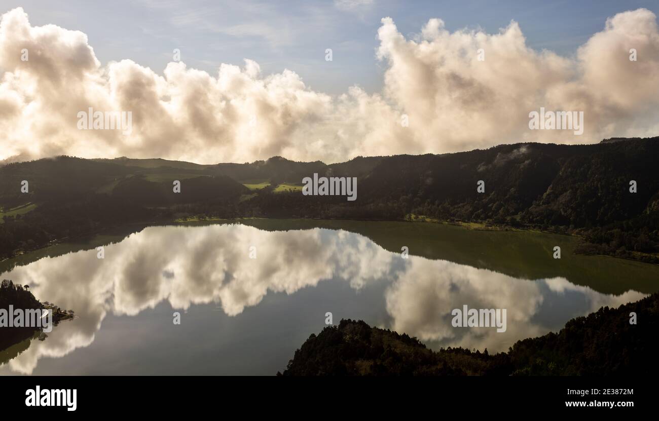 Furnas lake, at São Miguel island, Azores, reflection in water Stock ...