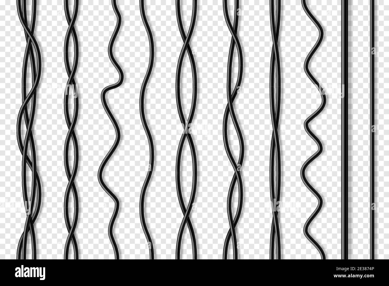 Set of black flexible cables with shadow. Electrical wire. Realistic ...