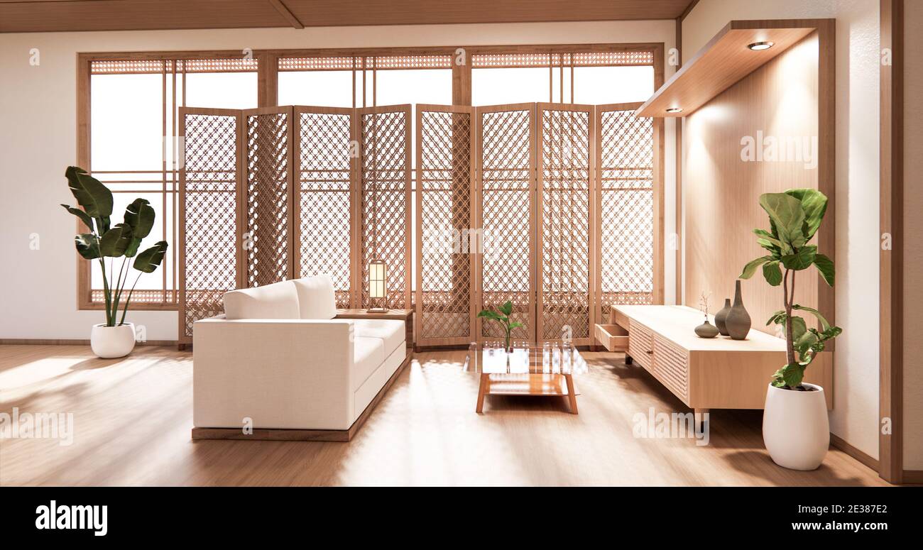 The Wooden interior design,zen modern living room Japanese style.3D ...