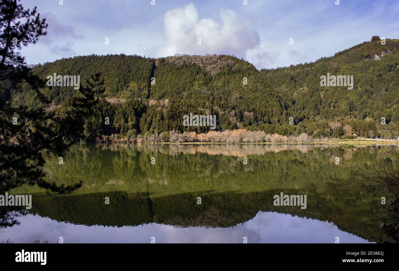 Furnas lake with reflection of trees in water, close to hot springs ...