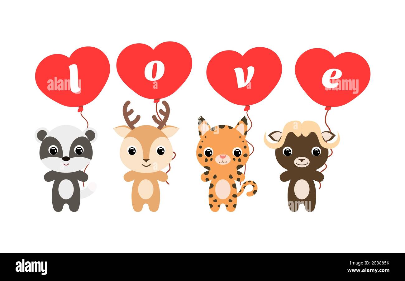 Group of cute animals. Cartoon badger, deer, lynx, musk-ox stand and ...