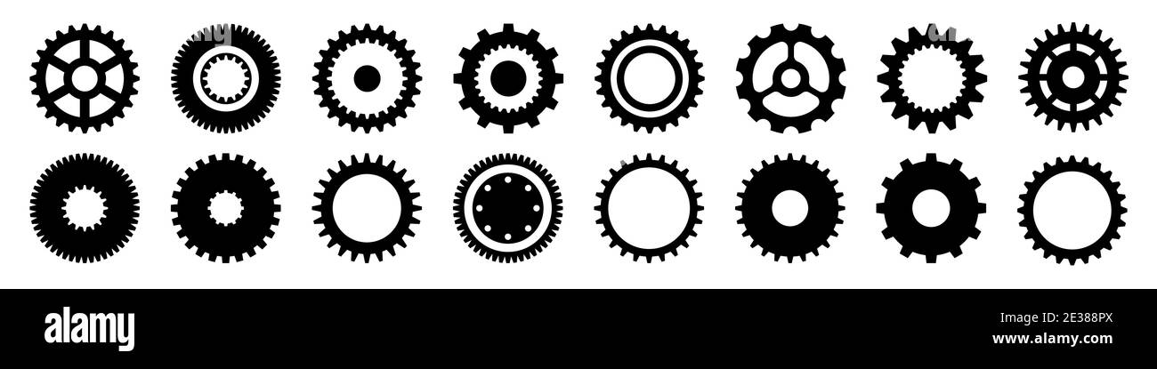 Simple gear icons. Wheels set on black background. Vector white ...