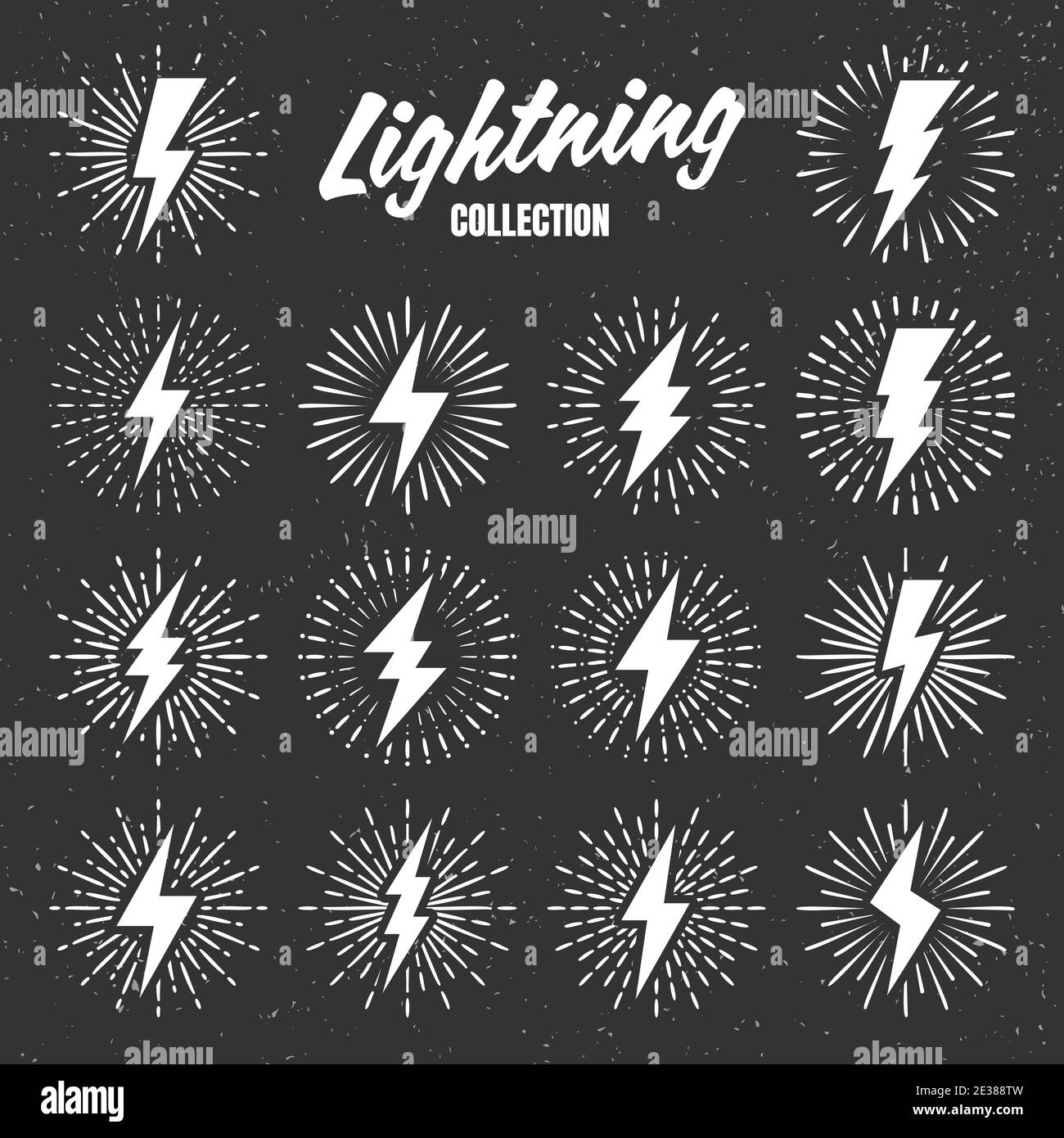 Set of vintage lightning bolts and sunrays on grunge background ...