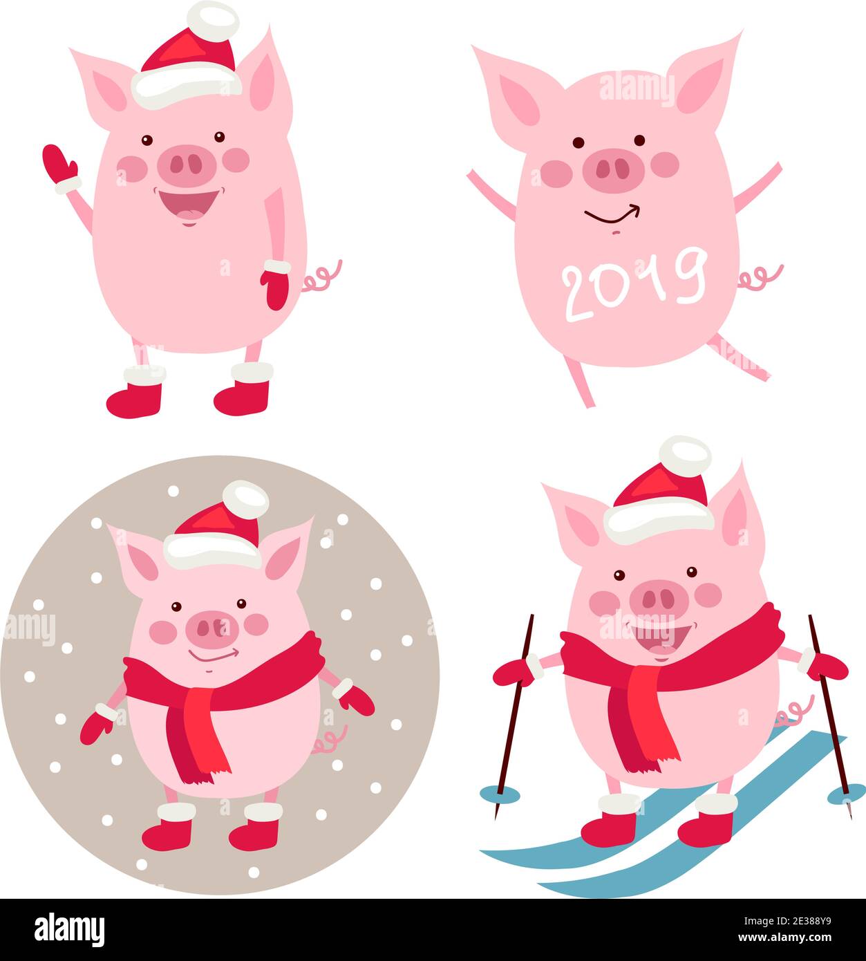 Vector illustration set, Happy New Year 2019 funny card design with ...