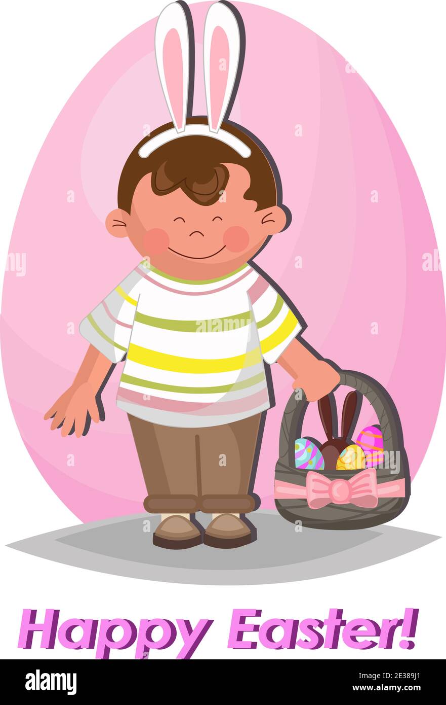 Vector easter post card with text greating "Happy easter". Boy wears ...