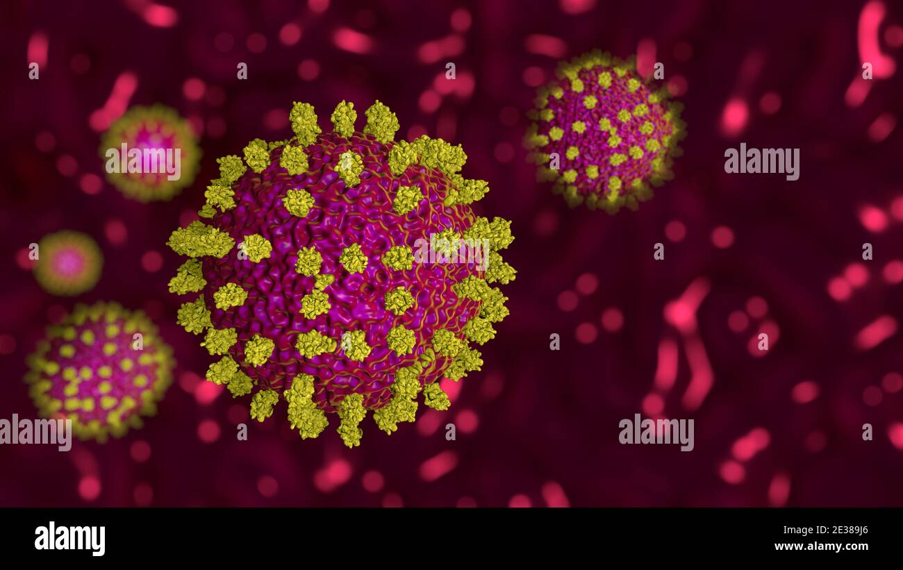 Red viruses with hairs and rough texture floating on a dark red ...