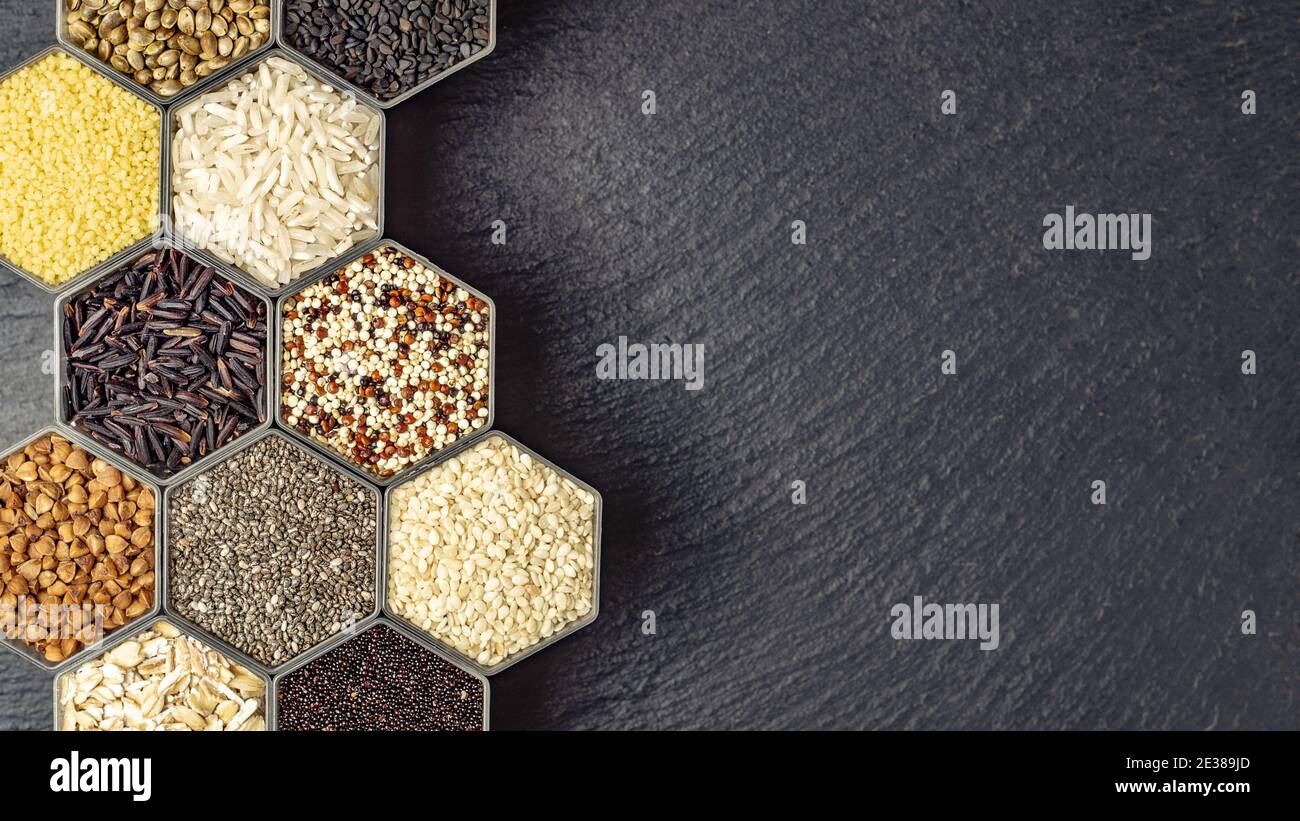 Various cereals and grains in the hexagonal shaped honeycomb jars in ...