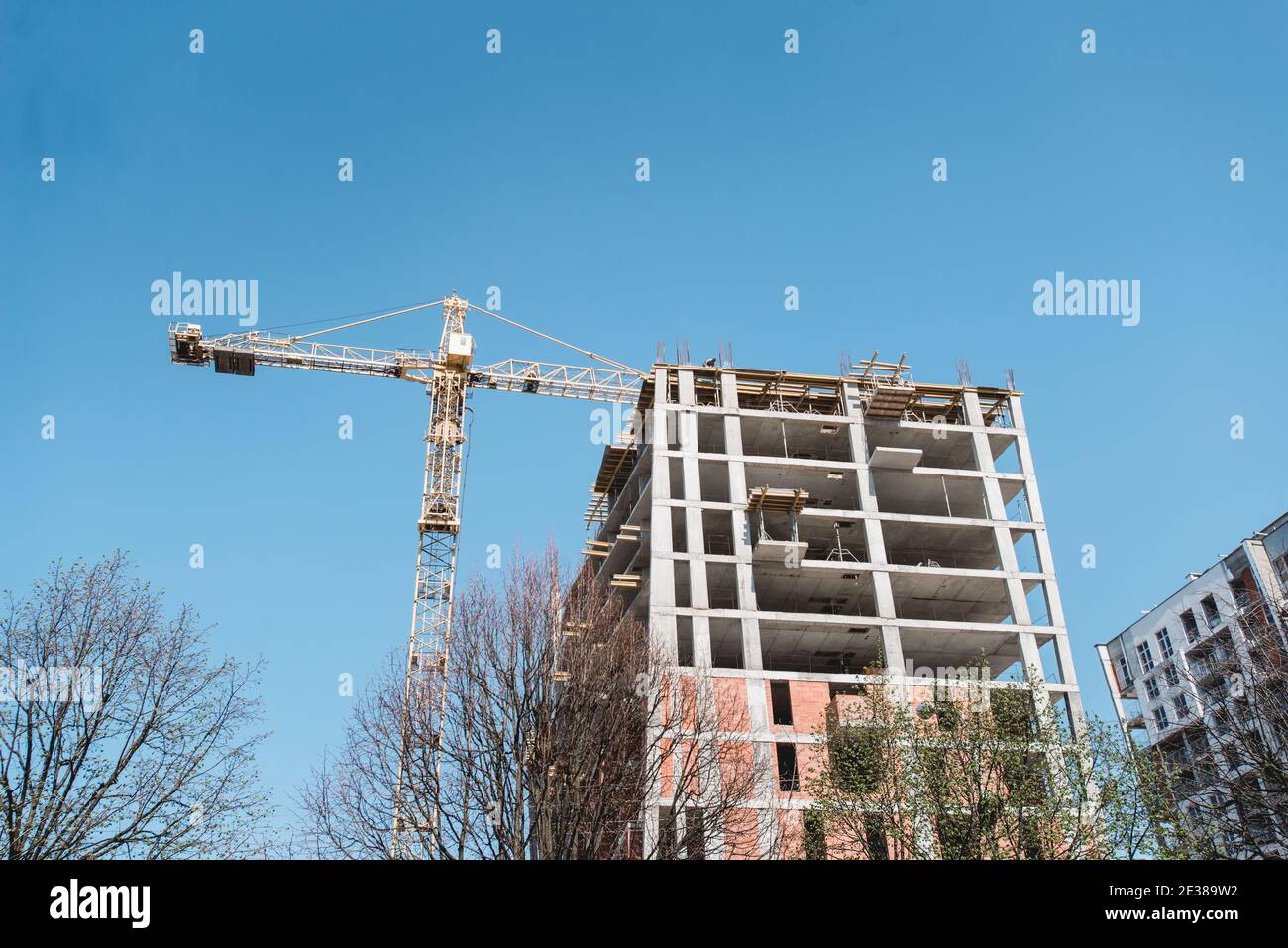Steel Frames of A Building Under Construction, With Tower Crane Stock ...