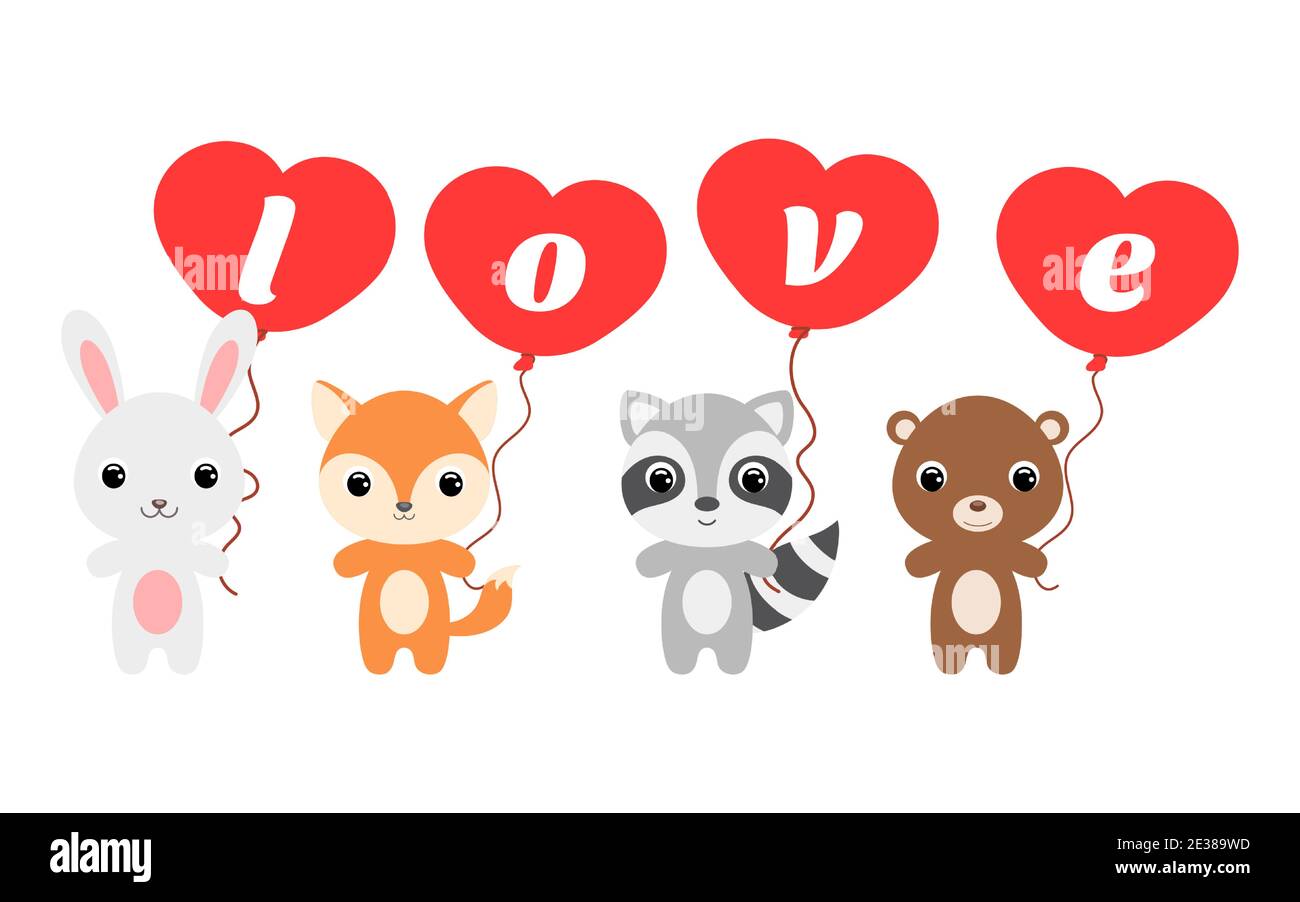 Group of cute animals. Cartoon rabbit, fox, bear, raccoon stand and ...