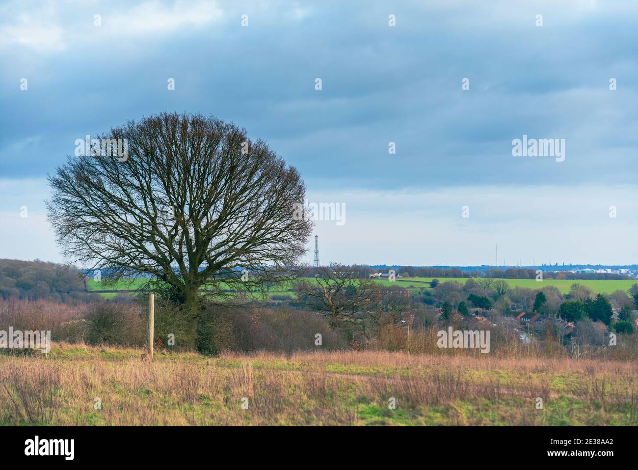 Winter landscape in rural england with tree in foreground and town and ...
