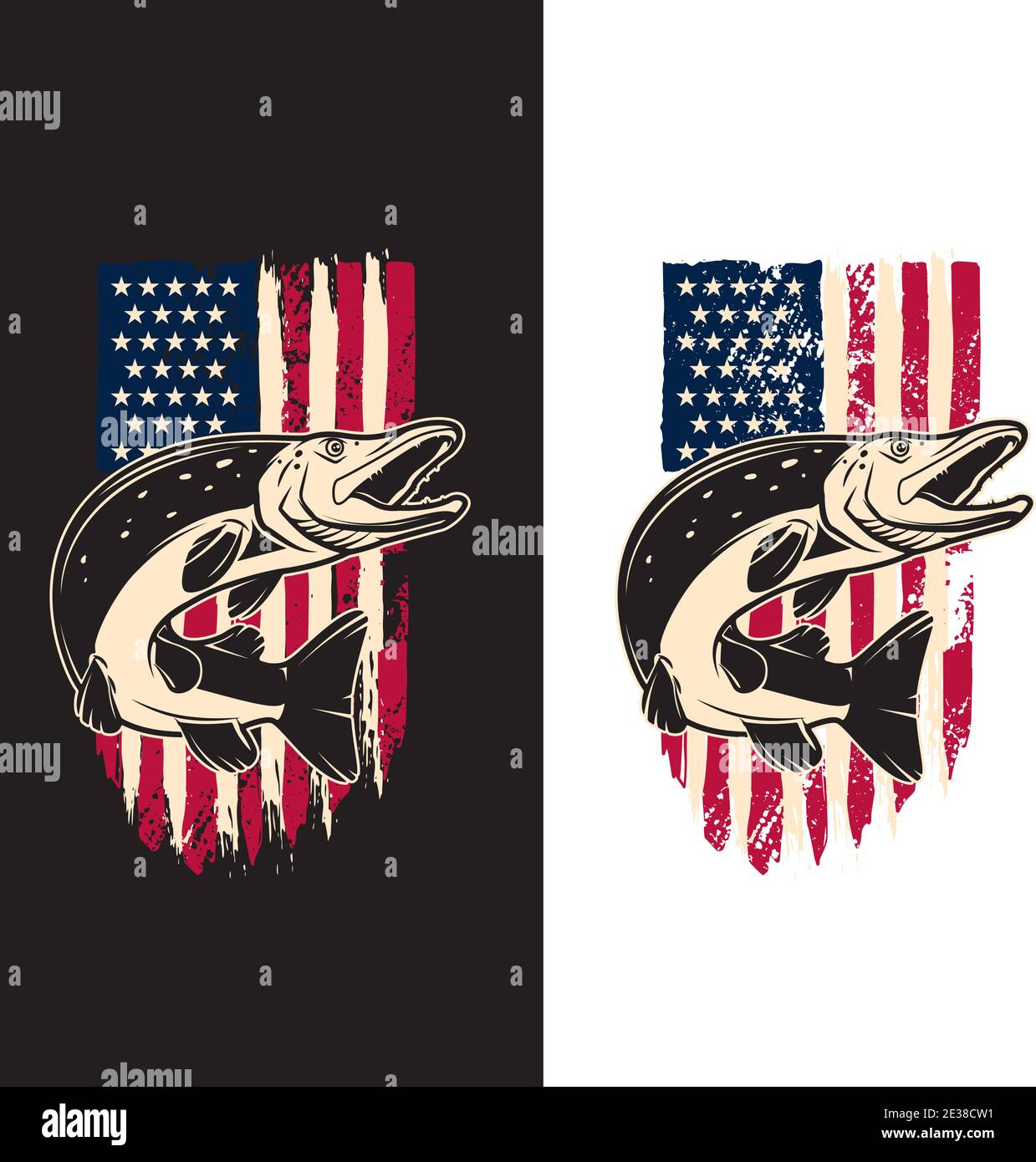Illustration of pike fish of background of usa flag in grunge style ...