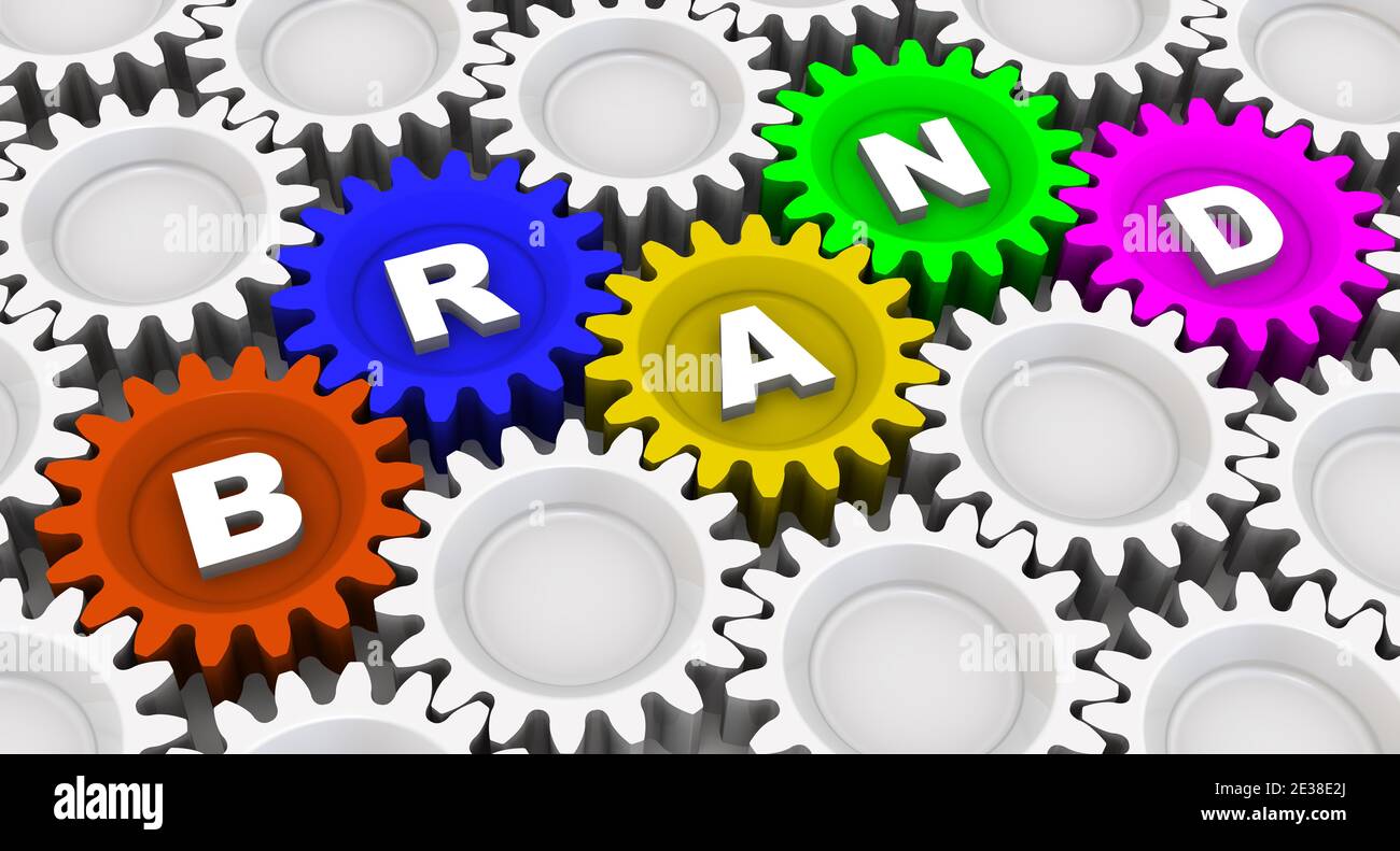 Brand. Word on the gears. White word BRAND is written on the colorful ...