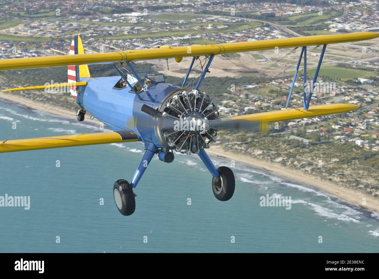 A 1940's Boeing N2S Stearman biplane in US Army colours, using display ...