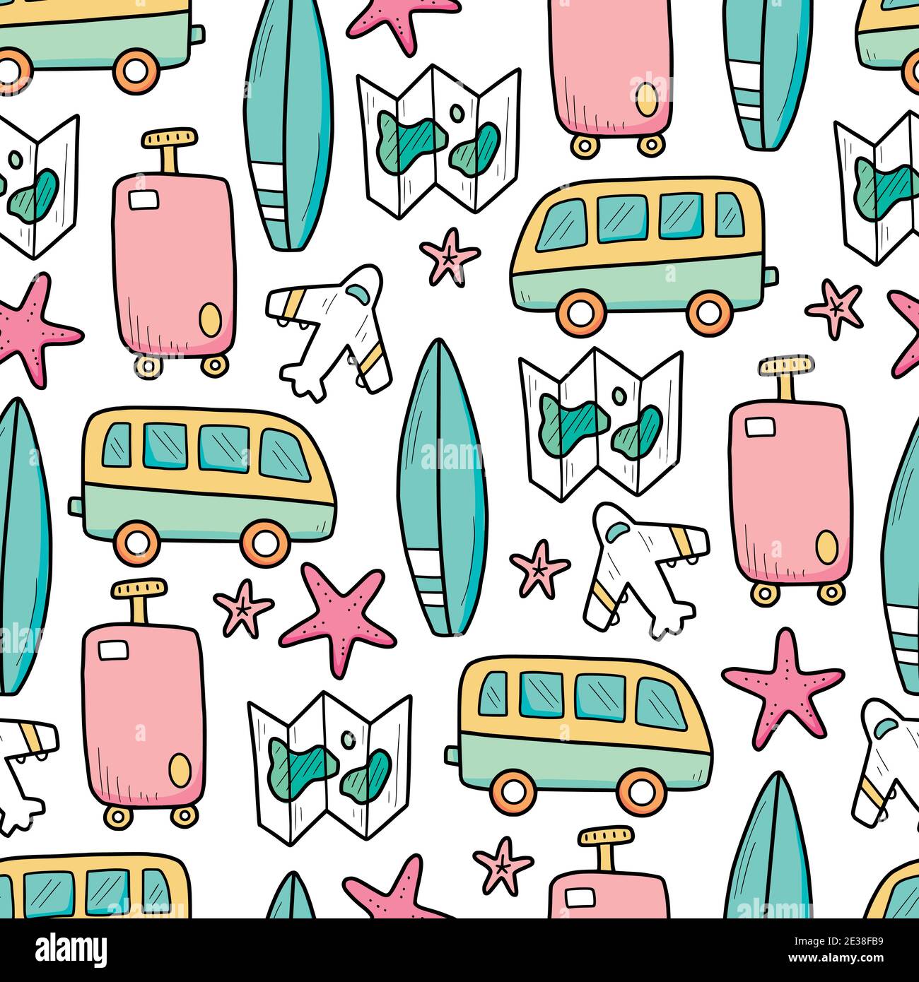 Hand drawn seamless pattern of travel summer vacation elements, luggage ...
