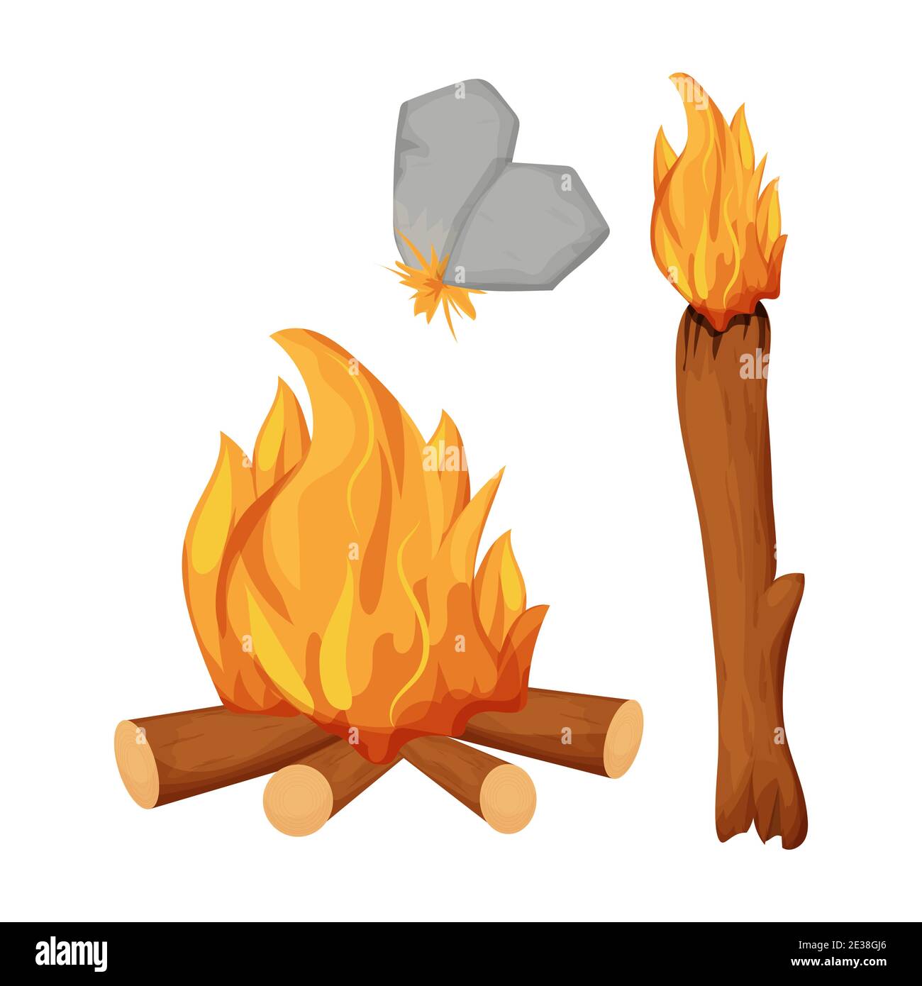 Set stone age campfire, tortch and sharpen stones for fire isolated on ...