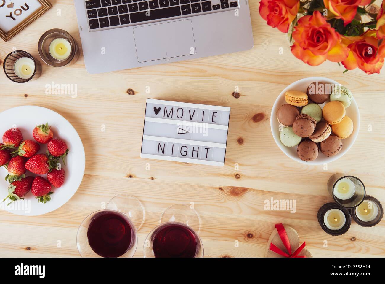 Top view Romantic Movie night concept. Movie night message on light ...