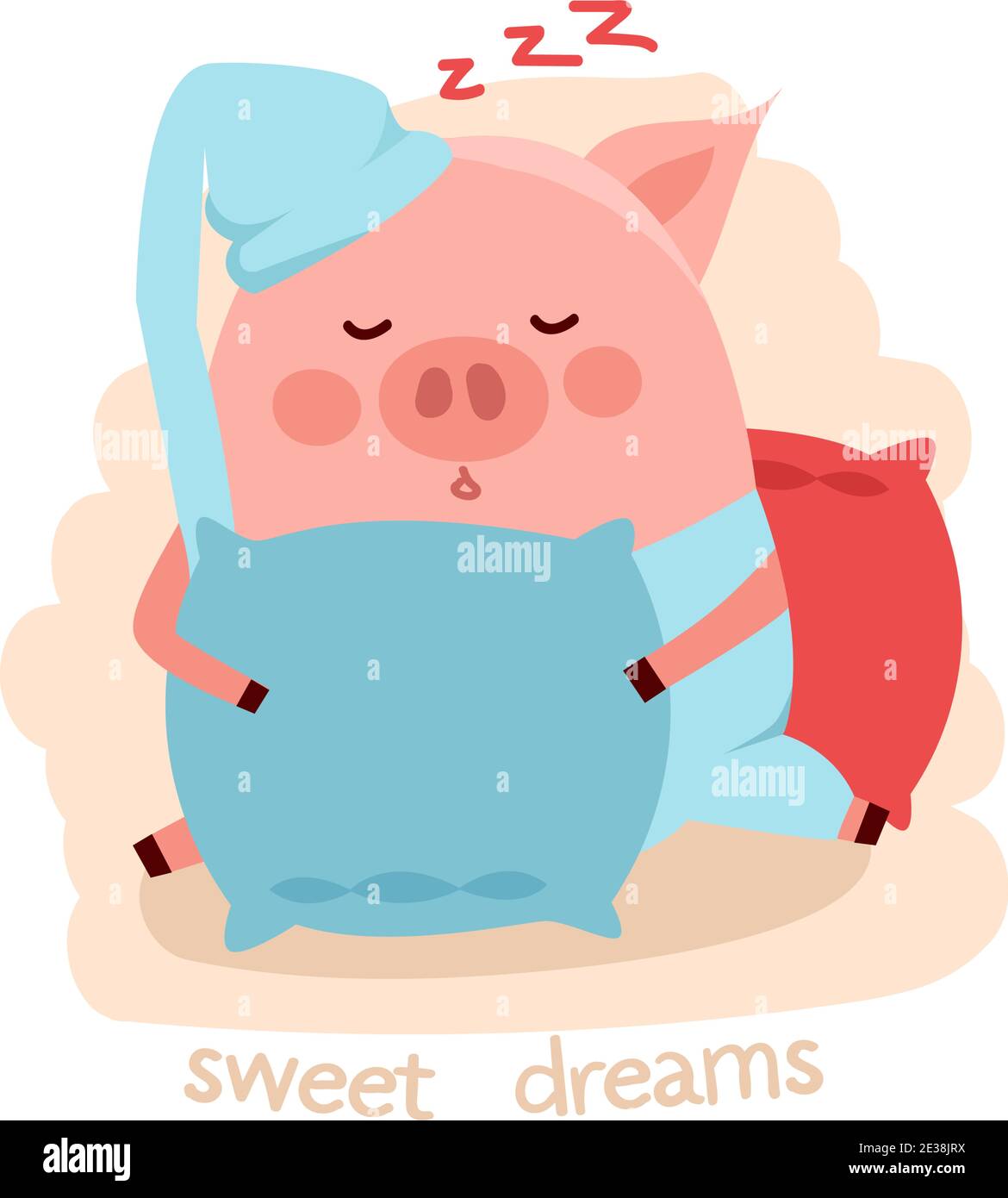 Cute cartoon sleeping pig hugging the pillow, isolated on white. Vector ...