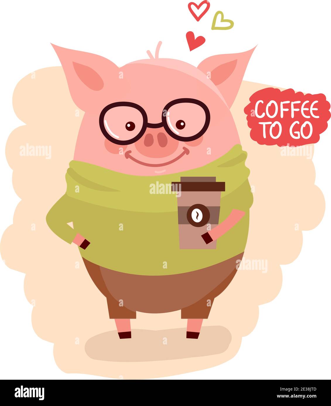 Cute cartoon pig pig wearing glasses with the cup of coffee. Coffee ...