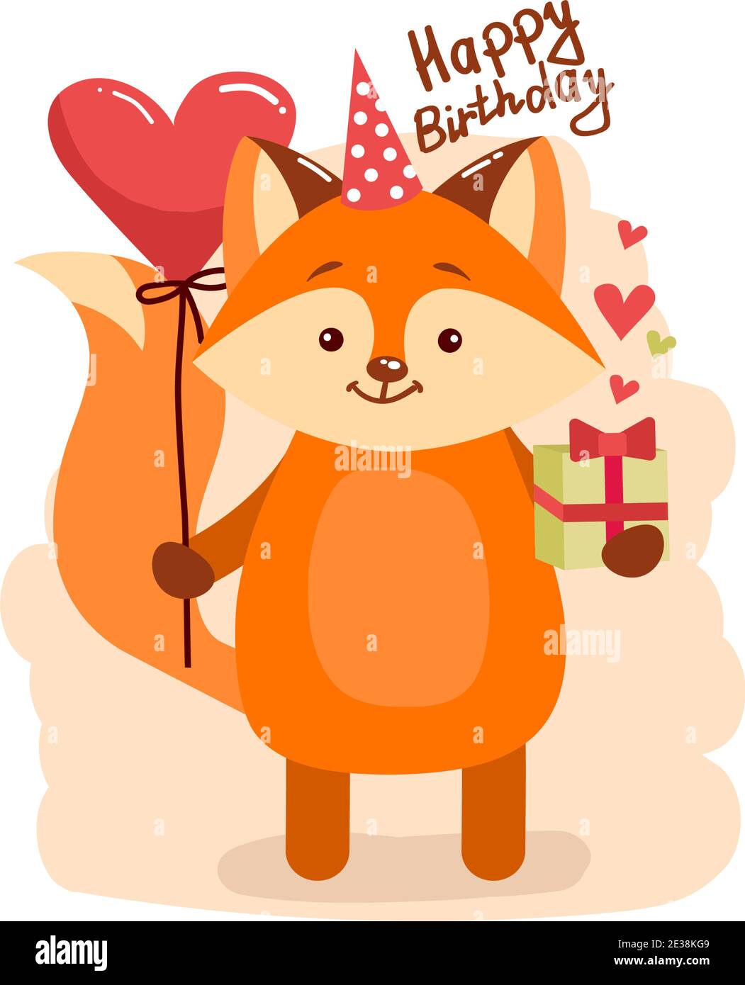 Cute cartoon lovely red fox with pink large heart and text happy ...