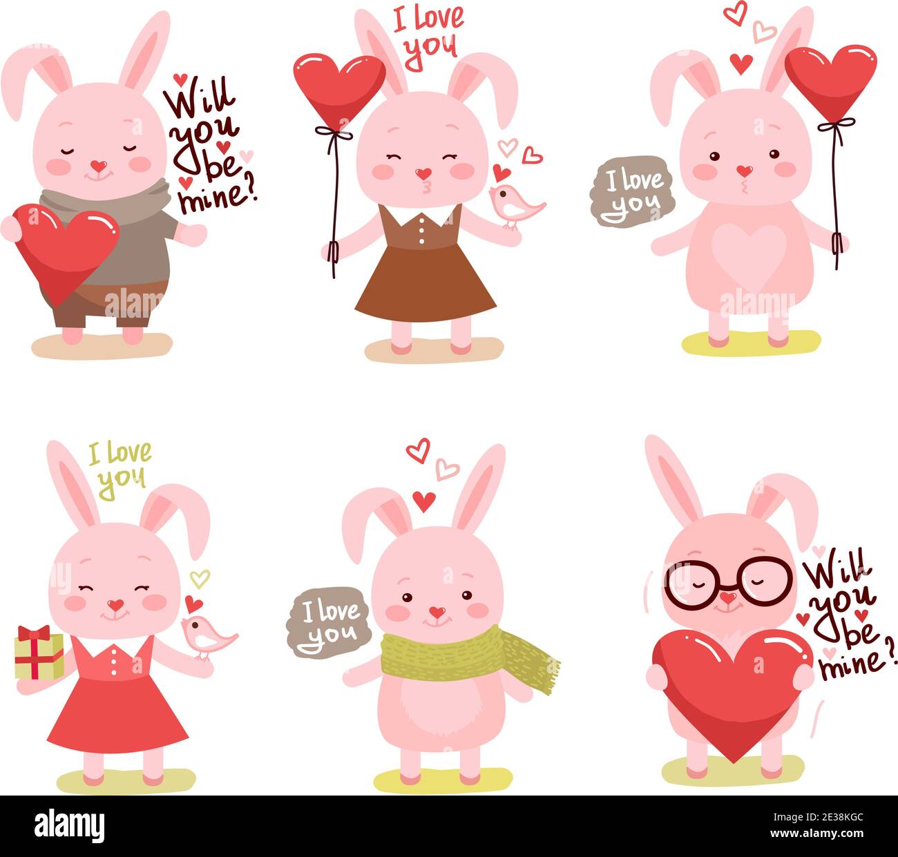 Cute cartoon lovely rabbit with pink large heart and hand drawn text ...