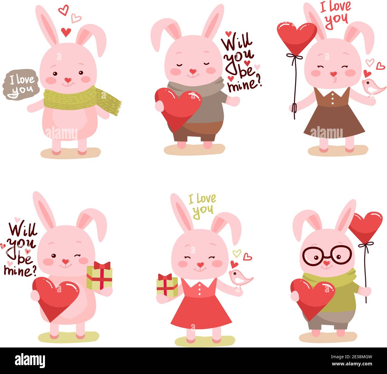 Cute cartoon lovely rabbit with pink large heart and hand drawn text ...